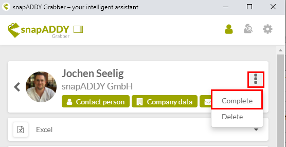 How do I complete the contact person data in snapADDY DataQuality?